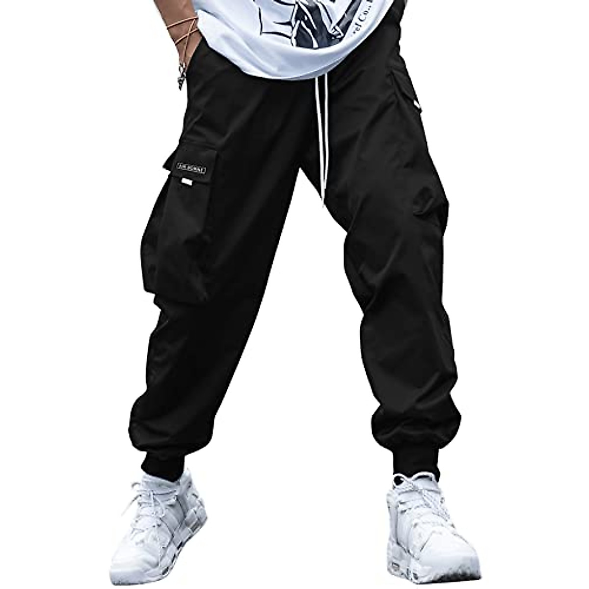 Romwe Men's Flap Pocket Drawstring Elastic Waist Letter Graphic Street Cargo Pants Black XL