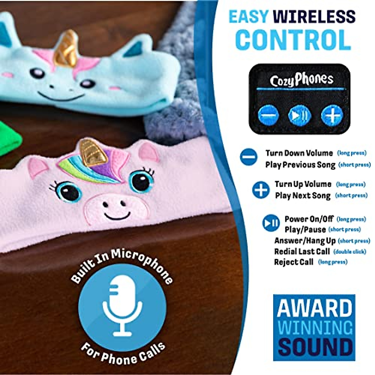 CozyPhones Over The Ear Headband Headphones - Kids Wireless Headphones Volume Limited with Thin Speakers & Super Soft Fleece Headband - Pink Unicorn