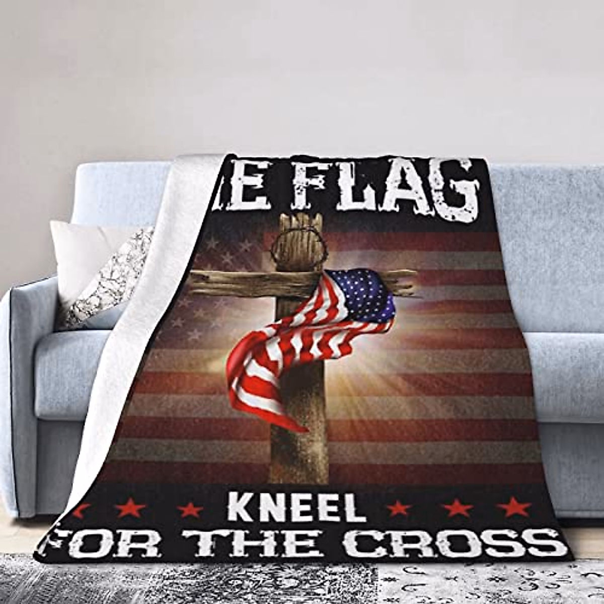 Gaotaju Flannel Fleece Blanket 80"X60" ，Stand for The Flag Kneel for The Cross Bed Throw Blanket Quality Ultra-Soft Travel Winter Blankets for Adult Keep Warm