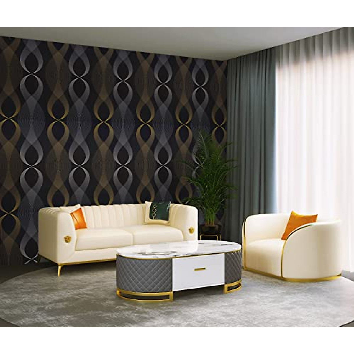 393"x17.7"Peel and Stick Wallpaper Black Fashion Curves Removable Paper Self Adhesive Wallpaper Decorative for Walls Cabinets Vinyl Film