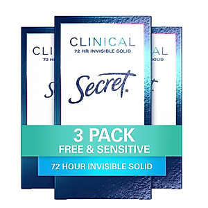 Secret Clinical Strength Antiperspirant Deodorant for Women, Free & Sensitive, 3X Stress Protection, 72hr Sweat & Odor Protection, PH Balancing Minerals, Invisible Solid, Unscented, 1.6 oz (Pack of 3)