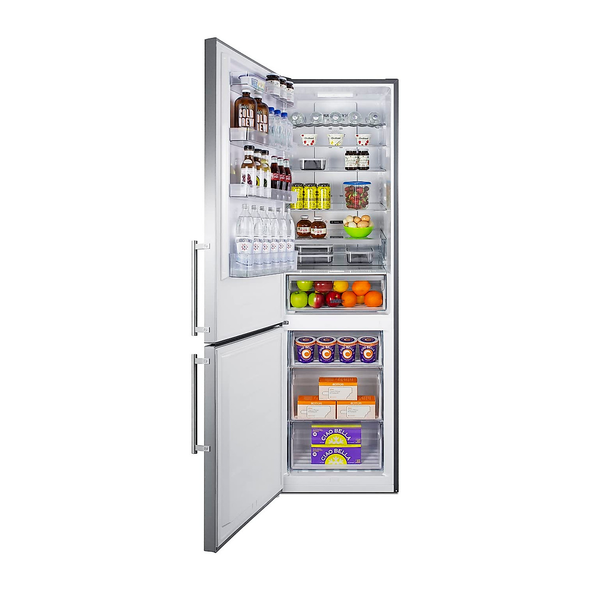 Summit Appliance FFBF181ES2LHD Bottom Freezer Refrigerator, 24" Wide, High Temperature Alarm, 11.7 cu.ft Capacity, Stainless Steel Door, Left Hand Door Swing, Multi-Flow Fan, Digital Thermostats