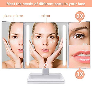 KXA Tri-Fold Makeup Mirror, Light Up Mirror/LED Lighted Make-Up Mirror 2 X 3X Magnifying Illuminated Cosmetic Mirror with LED Lights Desk Free Standing