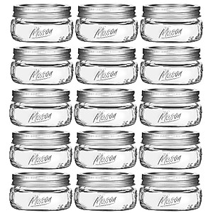16 Pack Mason Jars 8 oz - Wide Mouth Mason Jars with Silver Metal Airtight Lids and Bands, Glass Canning Jar for Canning, Pickling, Preserving, Jam, Honey, DIY Decor, Shower Favors