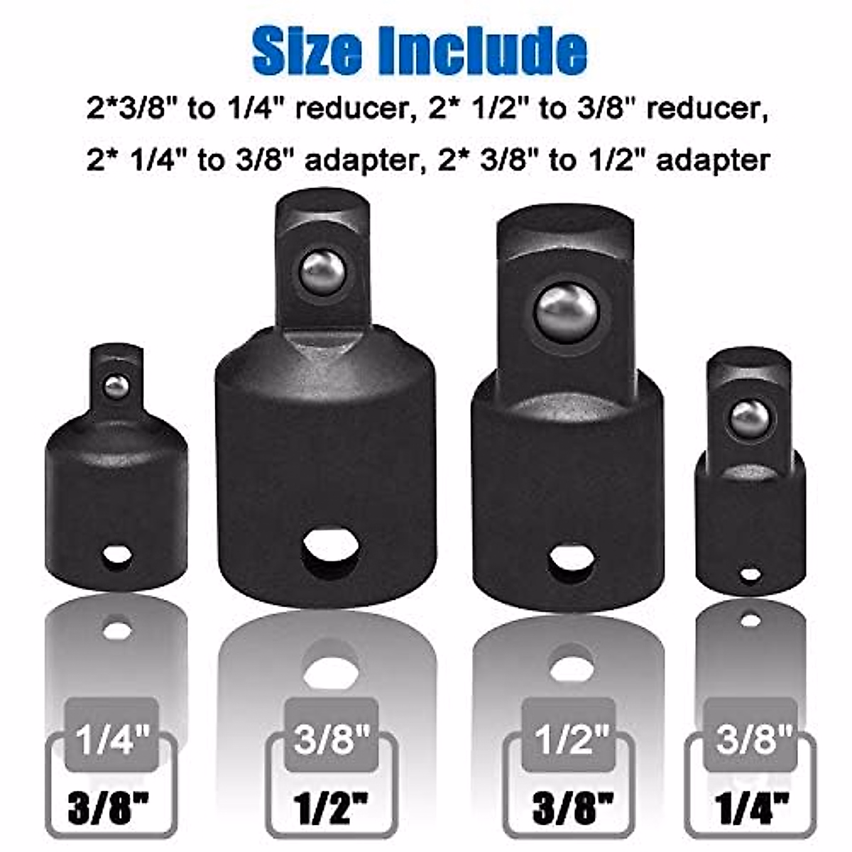 Impact Socket Adapter and Reducer Set, Use with Impact Wrenches and Drills in Auto and Impact Driver Construction Work, 8 Piece - (3/8in. to 1/4) (1/2in. to 3/8) (3/8in. to 1/2) (1/4in. to 3/8)