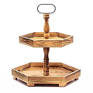 Farmhouse Tiered Tray - Two Tier Tray in Rustic Wood for Kitchen Counter, Wooden Serving Tray, Cupcake Stand, Coffee Bar and Food Display