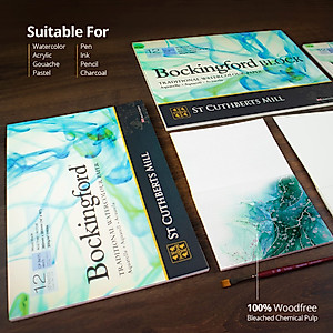 St. Cuthberts Mill Bockingford Watercolor Paper Pad - 10x7-inch White Water Color Paper for Artists - 12 Sheets of 140lb Cold Press Watercolor Paper for Gouache Ink Acrylic Charcoal and More
