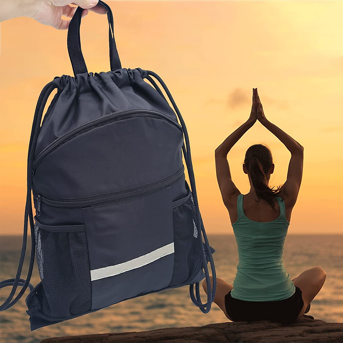 CALACH Drawstring Backpack Sports Gym Bag with Shoe Compartment, X-Large String Bag for Women Men with Zipper Pockets and Mesh Pockets (Black)