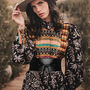 macoking Thick Black Wide Obi Belts for Women Faux Leather Corset with Lace Up Wrap Style S