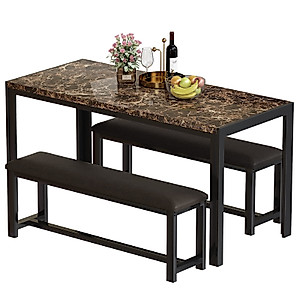 Recaceik Dining Table Set for 4, Kitchen Table and Chairs for 4, Faux Marble Dining Room Table with 2 Benches, Space Saving Dining Table and Upholstered PU Leather Bench for Small Spaces, Brown