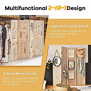 DORTALA 4-Panel Pegboard Display Divider for Room Separation, 5' Tall Room Dividers and Folding Privacy Screens, Multifunction Partition Room Dividers for Craft Jewelry Cloth Art Display