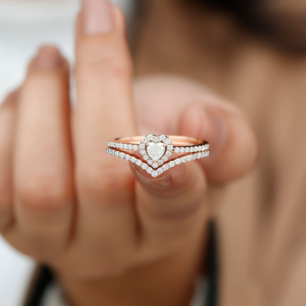 1.25 CT Moissanite Bridal Ring Set, D-VS1 Quality, Heart Shape Moissanite Wedding Ring Set, 14K Rose Gold, Size:US 10.00