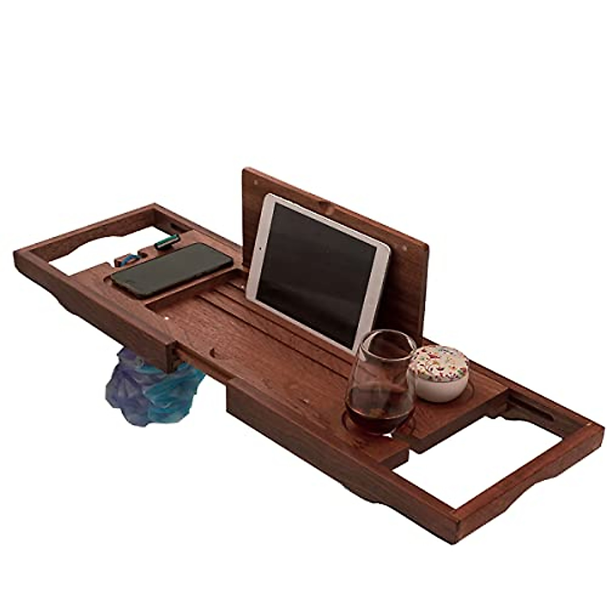 WZSON Non-Slip Bath Tray Solid Bamboo, Multifunctional Retractable Bathtub Stand, with Storage Compartment, Hook and Bezel, for Spa Home,Ebony