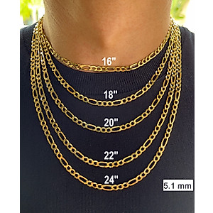 JEWELHEART 14K Real Gold Figaro Chain - 5.1mm Diamond Cut Cuban Link Figaro Necklace For Men - Dainty Yellow Gold Pendant Necklace For Women with Lobster Clasp 18"