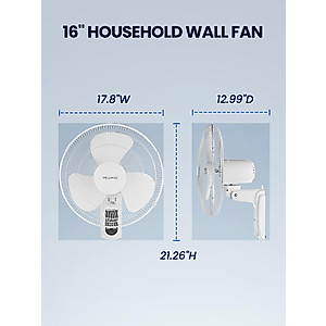 PELONIS 16‘’ Wall Mount Fan with 3 Speed Settings Oscillating Fan with Adjustable Tilt High Velocity Household Wall Mounted fan, for Garage Patios Bedroom 2 Packs White