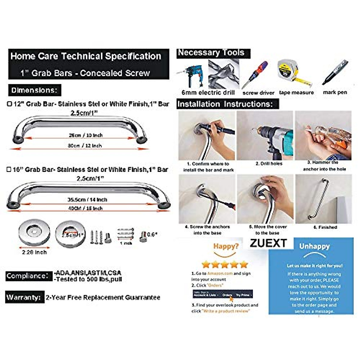 16 Inch Stainless Steel Shower Grab Bar, ZUEXT Chrome Shower Handle, Bathroom Balance Bar, Safety Hand Rail Support Bar for Handicap Elderly Injury, Senior Assist Bath Tub Wall Concealed Mount Handle