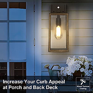 Lintem Porch Lights with GFCI Outlet, Industrial Outdoor Wall Mount Light Fixture Exterior with Rustic Wood Finish Dusk to Dawn Waterproof Wall Lantern for House Garage Doorway, Bulb Not Included