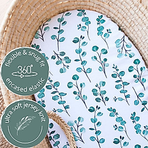 POPPI & MAX: 100% Organic Bassinet Sheets – Premium Jersey Cotton 3-Sheet Set for Baby Girl or Boy | Fitted Sheets for Oval, Rectangle, Halo Bassinet Pads & Moses Basket | Boho Floral Eucalyptus Leaf