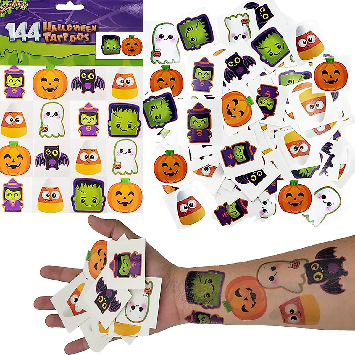 The Dreidel Company Halloween Temporary Tattoos, Great For Birthday Party Favors, Classrooms, Favor & Goody Bags, And Party Supplies, 2" Inches Assorted (144-Pack)
