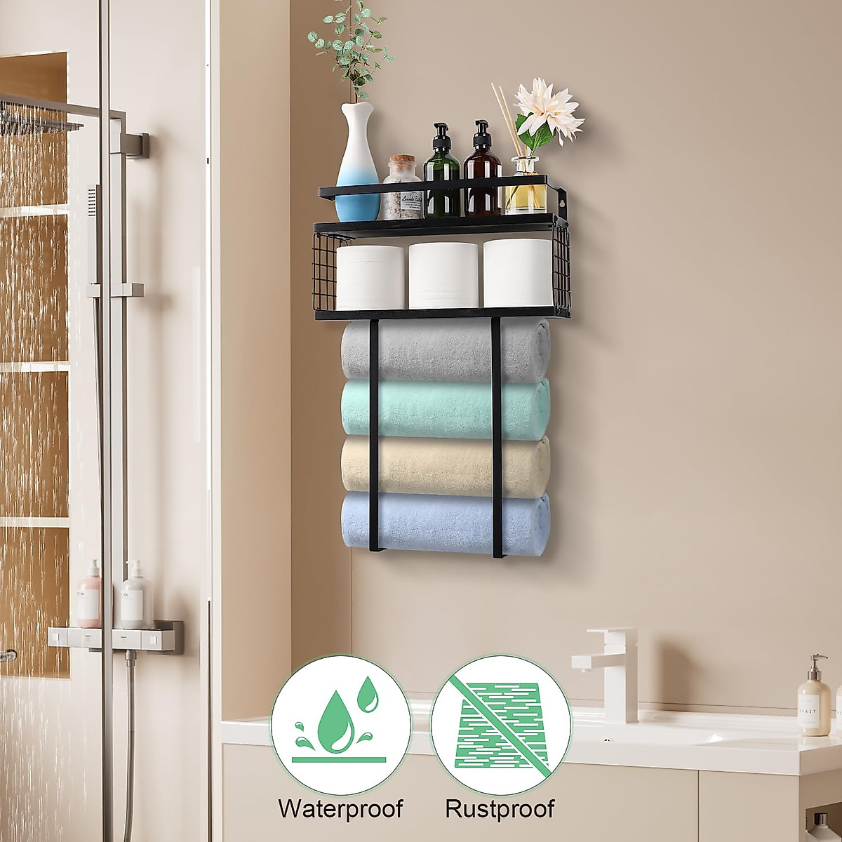HOTEC Wall-Mounted Towel Rack for Bathroom with Large Capacity Shelf Space Saving Towel Holder for Bathroom Storage, for Small Bathrooms, Apartments, RVs Durable and Stylish Metal and Wood Design