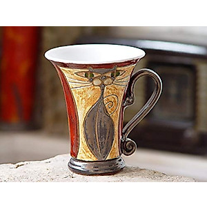 Pottery Coffee Mug, Cat Mug, Red Mug with Unique Hand Painted Decoration