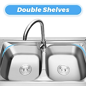 Free Standing Stainless-Steel Double Bowl Commercial Restaurant Kitchen Sink Set w/Faucet & Drainboard, Prep & Utility Washing Hand Basin w/Workbench & Storage Shelves