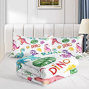 XYNHML Cartoon Dinosaur Comforter Set Twin 3Pc Kawaii Dinosaur Bedding Set All Season with Tree, Leaf Decoration Includes 1 Comforter, 2 Pillowcases for Kids Girls Teens