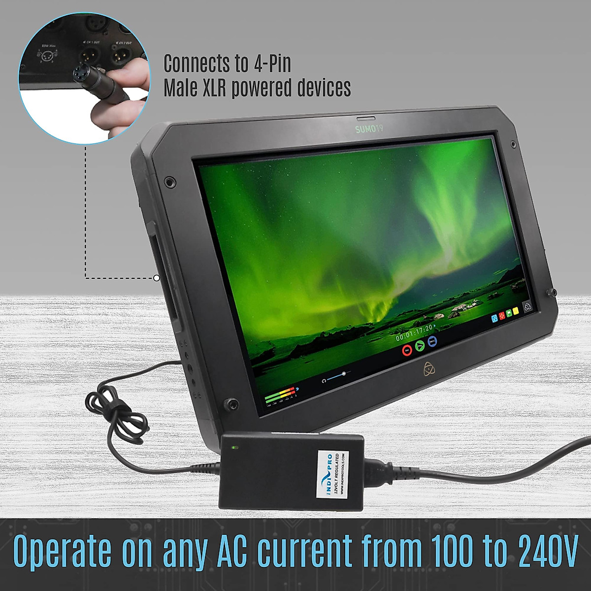 Indipro 12V, 10A AC Power Supply with 4-Pin Neutrix XLR Female Connector | Power Pro Cameras, Lights & Other Devices | Provide Continuous Power | Accepts 100 to 240 VAC Power | 8’ in Length