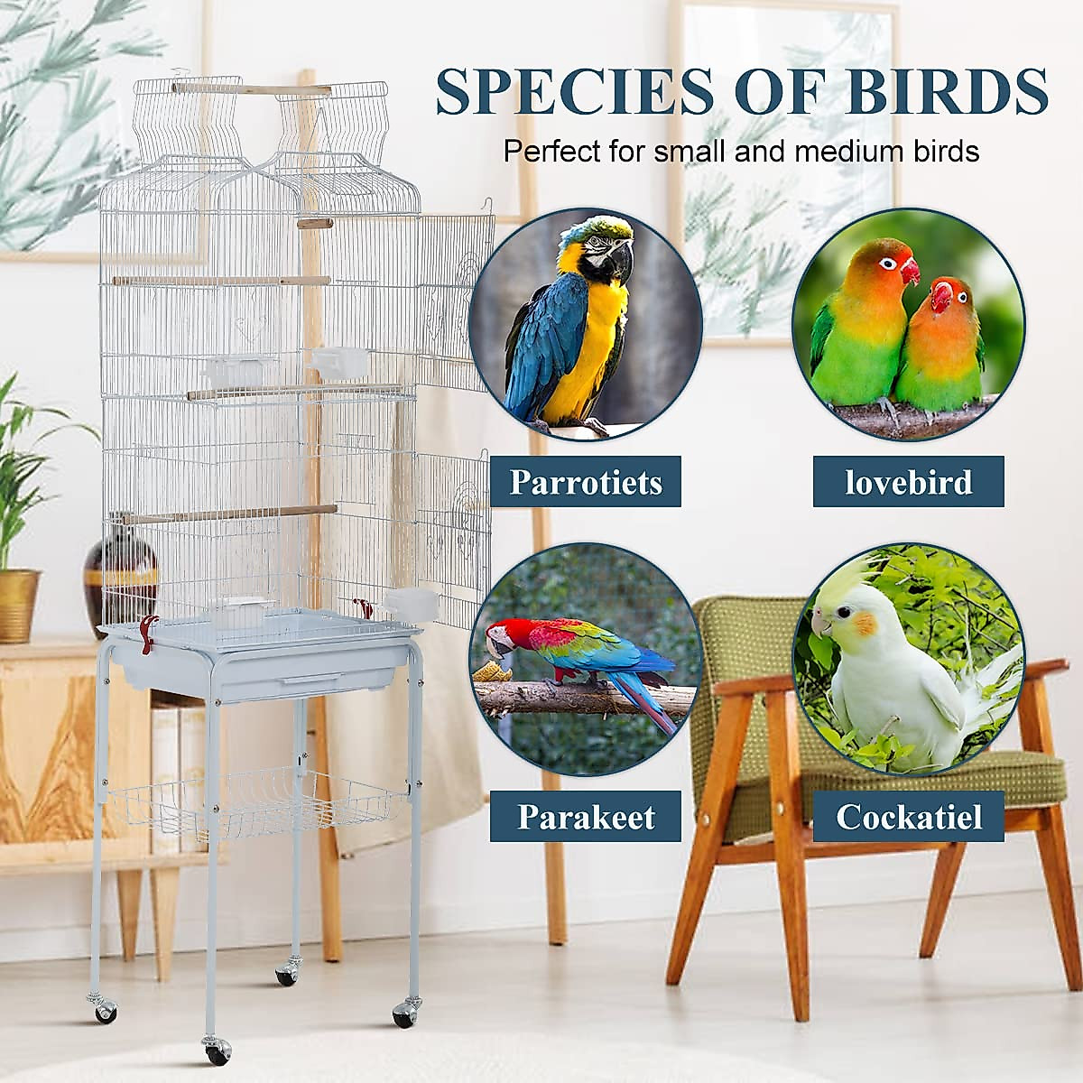 Bird Cages for Parakeets Cockatiels Lovebirds Macaw Conure, Large 64 Inch Open Top Parakeet Cage with Stand & Storage Shelf, White Wrought Iron Flight Pet House