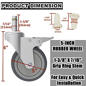 RILIDRI 5-Inch Swivel Stem Caster, 7/16-Inch Stem Diameter Rubber Wheel, Heavy Duty TPR Thermoplastic Rubber Replacement Wheels, 225-lb per Wheel- 4 Pack(2 Brakes 2 Swivel)