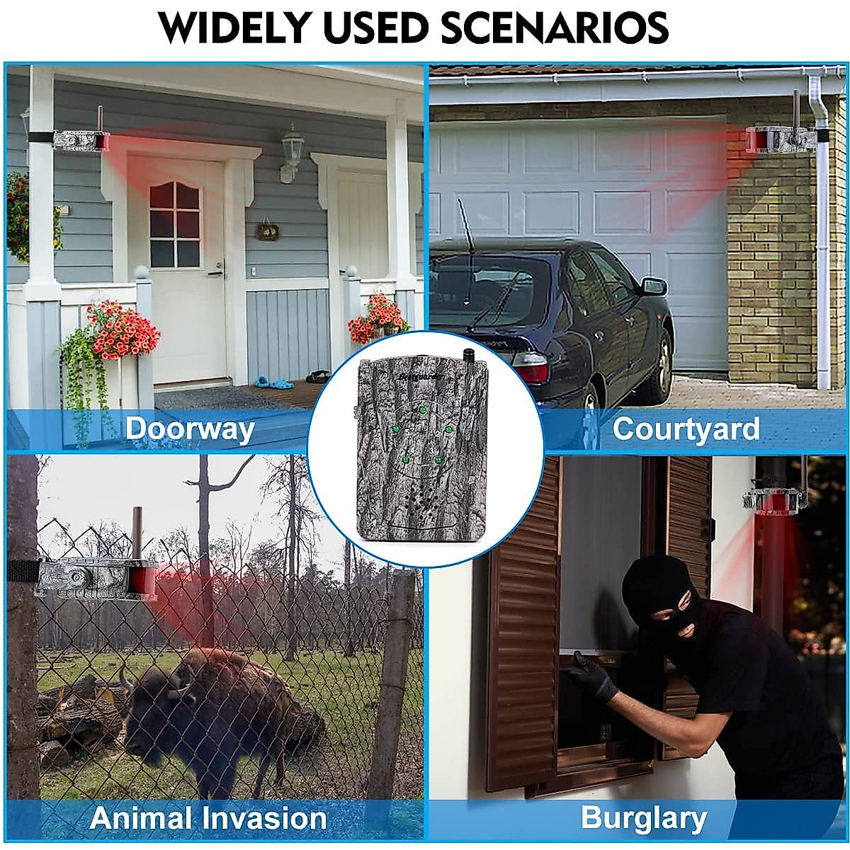 Wireless Alarm System Kits, 300M Wide Range IR Night Vision Alarm in Full Dark Outdoor Weather Resistant 5 Motion Sensor Detector &1 Receiver for Perimeter Trip, Fence Trail Wild Hunting Blind Trap