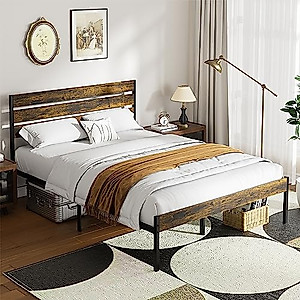 Walsunny Queen Size Bed Frame with Rustic Vintage Wood Headboard and Footboard, Strong Metal Slats Support, Under Bed Storage, Easy to Install, Sturdy and Stable, No Box Spring Needed