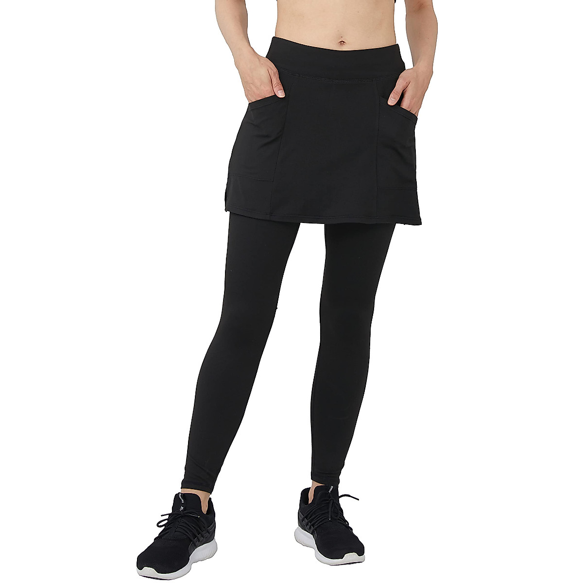 slimour Women Leggings with Skirt Attached Tennis Skirt with Leggings Golf Skirts with Leggings Exercise Skirts Hiking Black Pockets XS