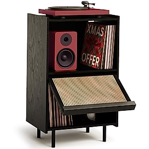 Vefunk Rattan Turntable Stand - Holds 190 Vinyl Records With Storage Cabinet