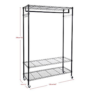Oliote Rod Garment Rack 3 Tier Metal Wire Shelving Hang Large Rolling Movable Clothes Drying Rack with Lockable Wheels and Pair Side Hooks