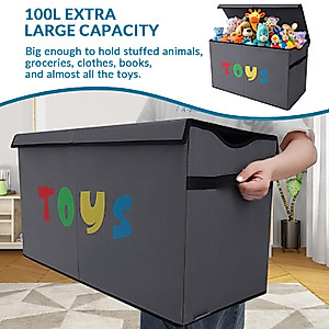 YOLOXO Toy Box Chest, Collapsible Sturdy Storage Bins with Lids, Extra Large Kids Toy Storage Organizer Boxes Bins Baskets for Kids, Boys, Girls, Nursery Room, Playroom, Closet (A-TBX-GRAY-MULTI)