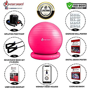 INTENT SPORTS Yoga Ball Chair – Stability Ball with Inflatable Stability Base & Resistance Bands, Fitness Ball for Home Gym, Office, Improves Back Pain, Core, Posture & Balance (65 Cm) (Pink)