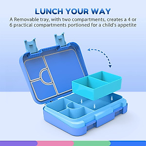 Caperci Versatile Bento Lunch Box for Kids - Leakproof 6-Compartment Children's Lunch Container with Removable Compartment - Ideal Portions Size for Ages 3 to 7, BPA-Free Materials (Blue)