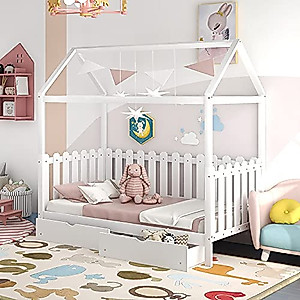 Lifeand Twin Size House Bed with 2 Drawers, Fence-Shaped Guardrail and Sky Roof, Solid Wood Bedframe for Gilrs Boys,White