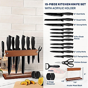 Gourmetop Kitchen Knife Set with Block 15 pcs, Kitchen Knife Block Set with Wood Acrylic Stand, Sharp Knife Set with Sharpener, Scissors, and Peeler, Black Cooking Knives Set for Kitchen Cutting