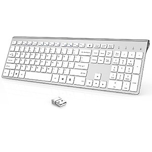 JOYACCESS Rechargeable Silent Wireless Keyboard, 2.4G USB Keyboard for Mac, PC, Laptop, Compatible with Windows, iOS, Android, Water Resistant, Slim Design (Silver White)