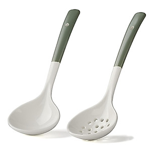Ceramic Soup Ladle Spoon Set Of 2,Hot Pot Accessories Kit Soup Ladle Skimmer Spoon Slotted Cooking Utensil For Cooking Stirring (Green)