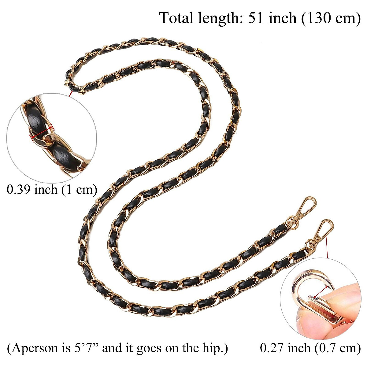 BEAULEGAN Purse Chain Strap - Microfiber Leather - Replacement for Crossbody Shoulder Bag - 51 Inch Long, Black/Gold