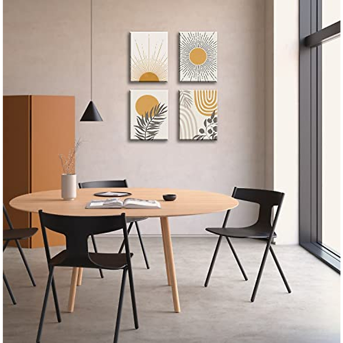 Abstract Bohemian Wall Art Sun Prints - Boho Line Poster Pictures Mid Century Canvas Artwork Framed 12x16 Inches Plant Leaf Minimalist Painting Home Decoration for Bedroom Bathroom Living Room Decor