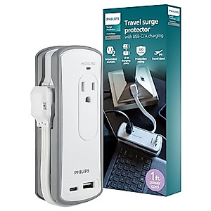 Philips 2-Outlet Travel Surge Protector, 2 USB 1A/1C, 5V/3.4A, 300J, 1 Ft, Grey/White, SPP2111WA/37
