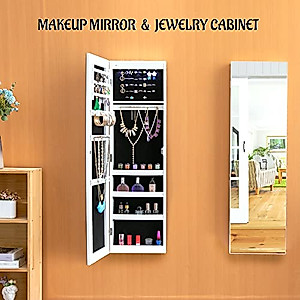 KEDLAN Mirror Jewelry Organizer, Wall/Door Mounted Jewelry Armoire with Full-Length Mirror,Hanging Jewelry Cabinet with LED Interior Lights, White