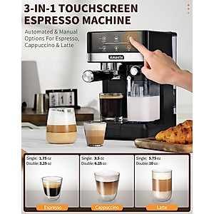 Amaste Espresso Machine, 20 Bar Cappuccino Machine With Touch Screen, Espresso Machine with Milk Frother for Home, 3-in-1 Latte Machine With Milk Tank for Espresso, Cappuccinos & Lattes, 1350W