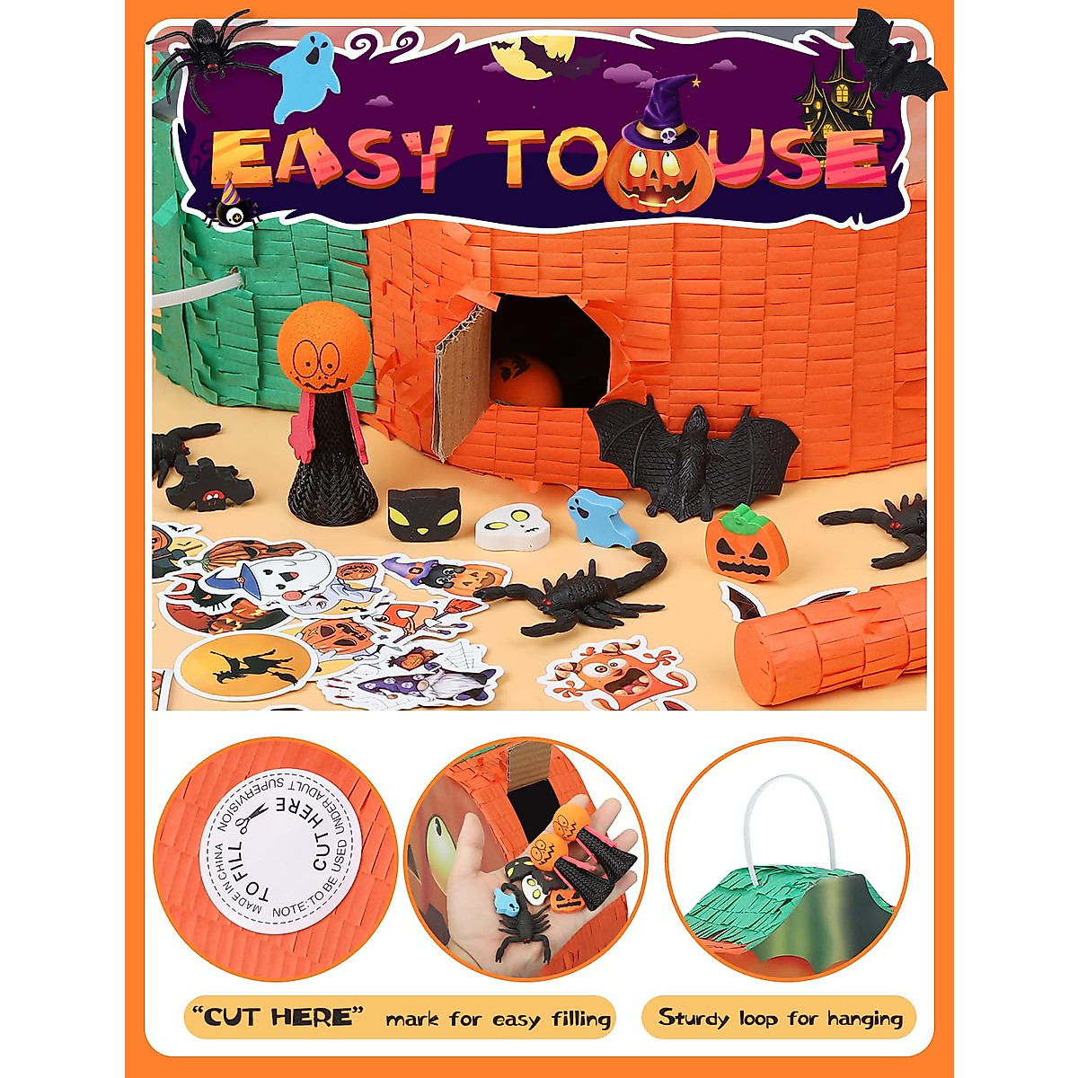 Halloween Pumpkin Piñata - 74pc Set: Complete Party Game with Toys, Goodie Bags, Bat & Blindfold - Perfect for Kids' Birthdays, Classroom Prizes & Festive Decorations