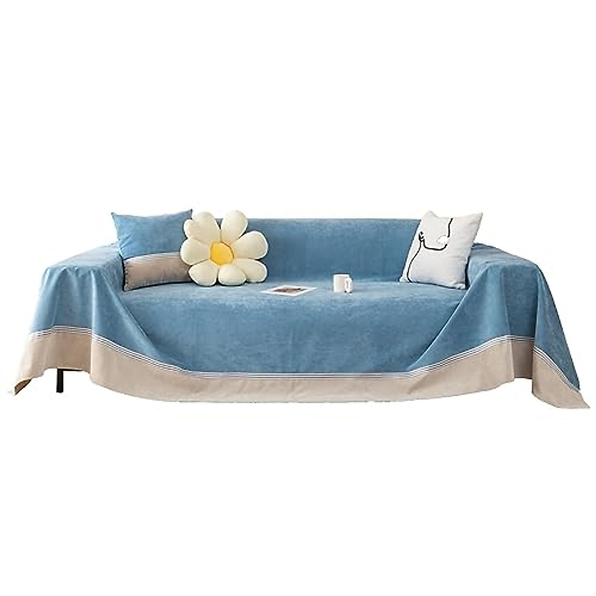 Homxi 4 Seater Sofa Covers for Living Room,78" W x 165" L,Chaise Couch Cover Solid Color with Stripes Couch Covers Polyester Couch Cover Blue