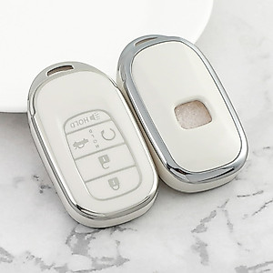 Kespevn for Honda Key Fob Cover 5 Button Soft TPU with Leather Keychain 360 Degree Protection Key Case Shell Holder Fits for 2022 2023 2024 Honda Accord Civic HR-V CR-V Pilot Odyssey, B White